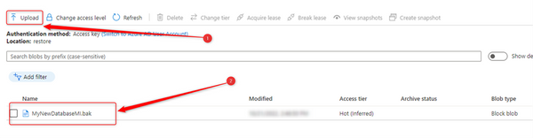 Restore managed instance database from blob storage