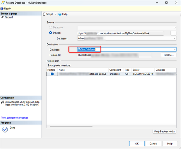 Restore managed instance database from blob storage